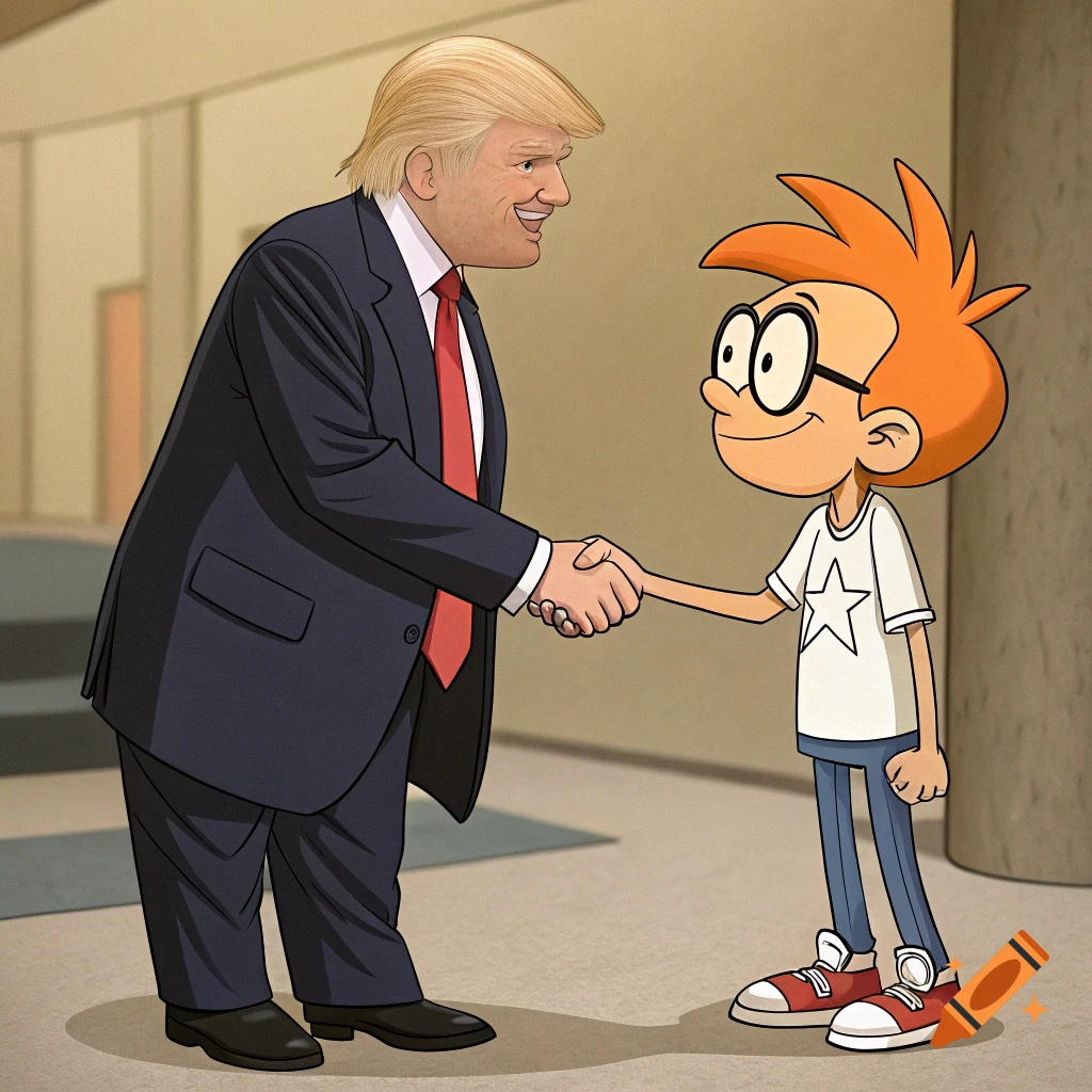 Donald Trump shaking hands with Darwin from Cartoon Network on Craiyon