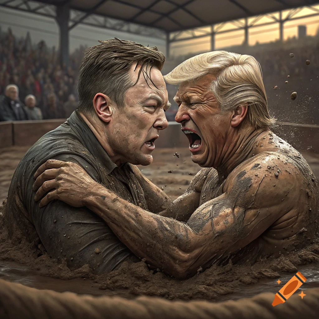 Elon Musk and Donald Trump mud wrestling in an arena on Craiyon
