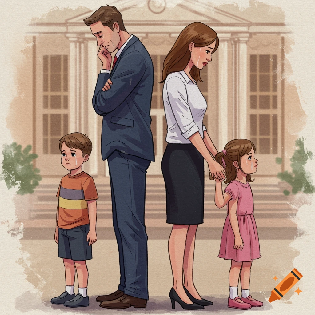 Illustration of a sad family, parents standing apart from crying ...