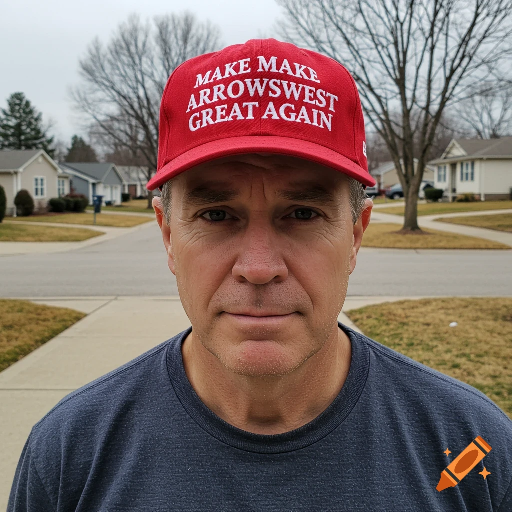 Person wearing a MAGA hat with "Make ArrowsWest Great Again" text on Craiyon