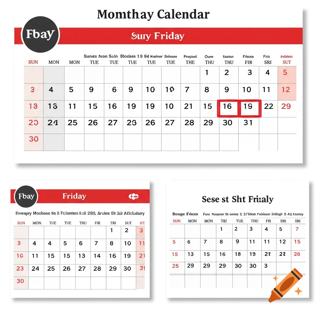 Three monthly calendars with different Fridays and last day of month ...