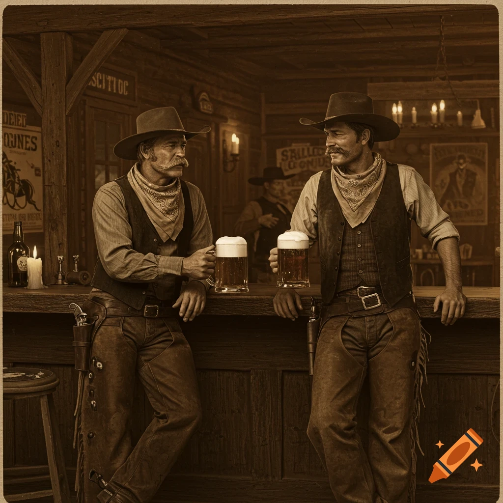 Sepia-toned photo of cowboys in a wild west saloon on Craiyon