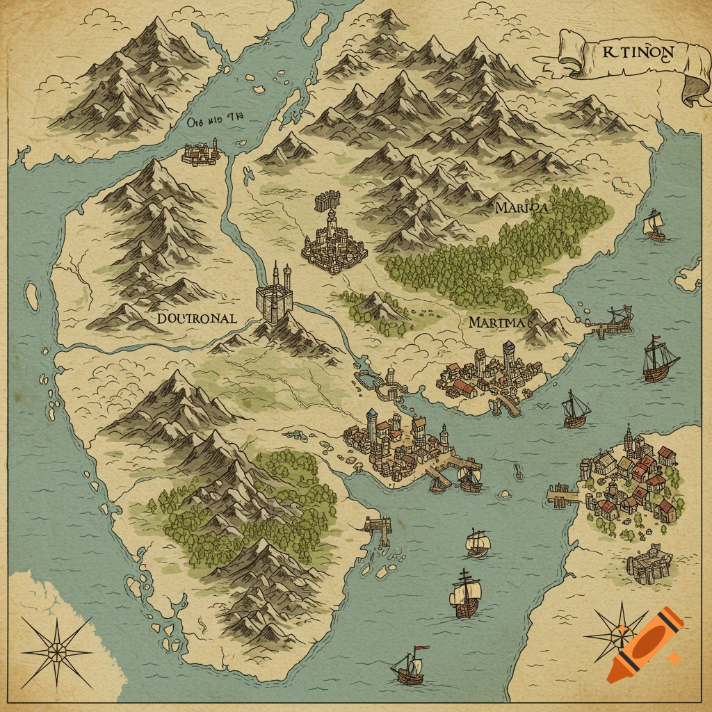 Hand-drawn fantasy map with mountains, forests, rivers, castles, and towns in a Legend of Zelda ...