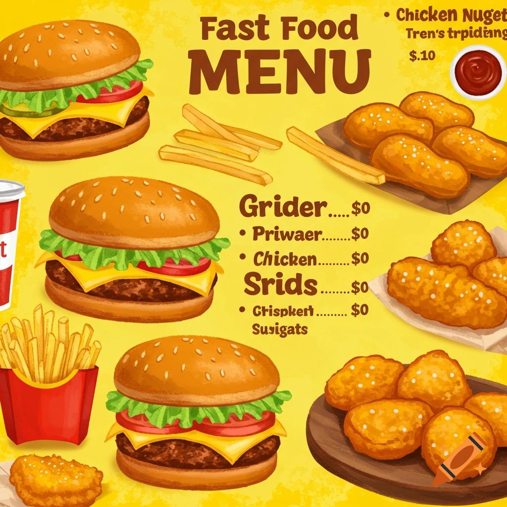 Burgers, fries, and chicken nuggets on a menu on Craiyon