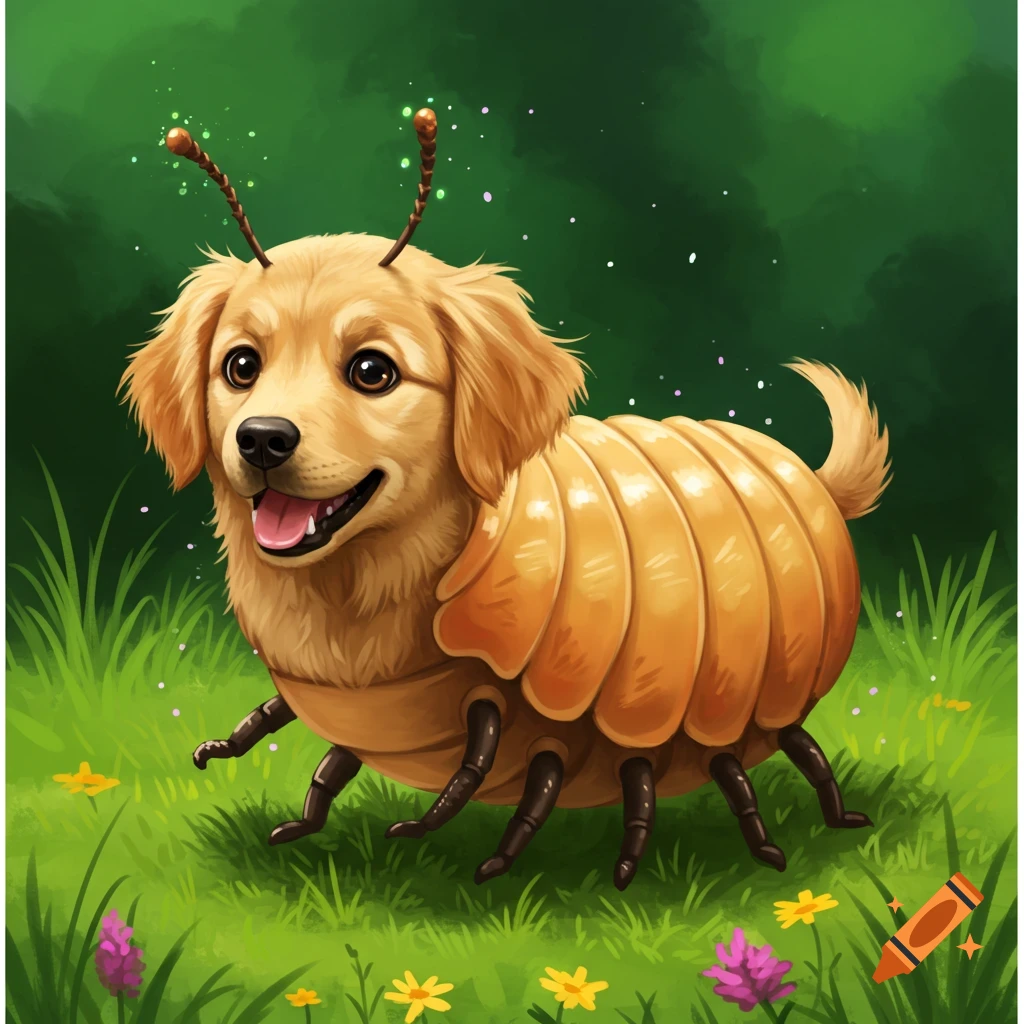 Golden retriever puppy as a rollie pollie insect on Craiyon