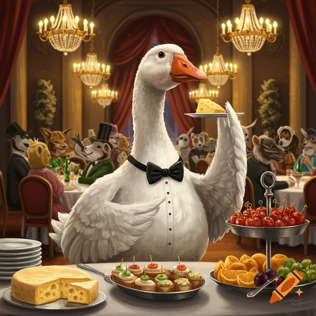 Goose wearing a bowtie at a ball eating by a buffet on Craiyon