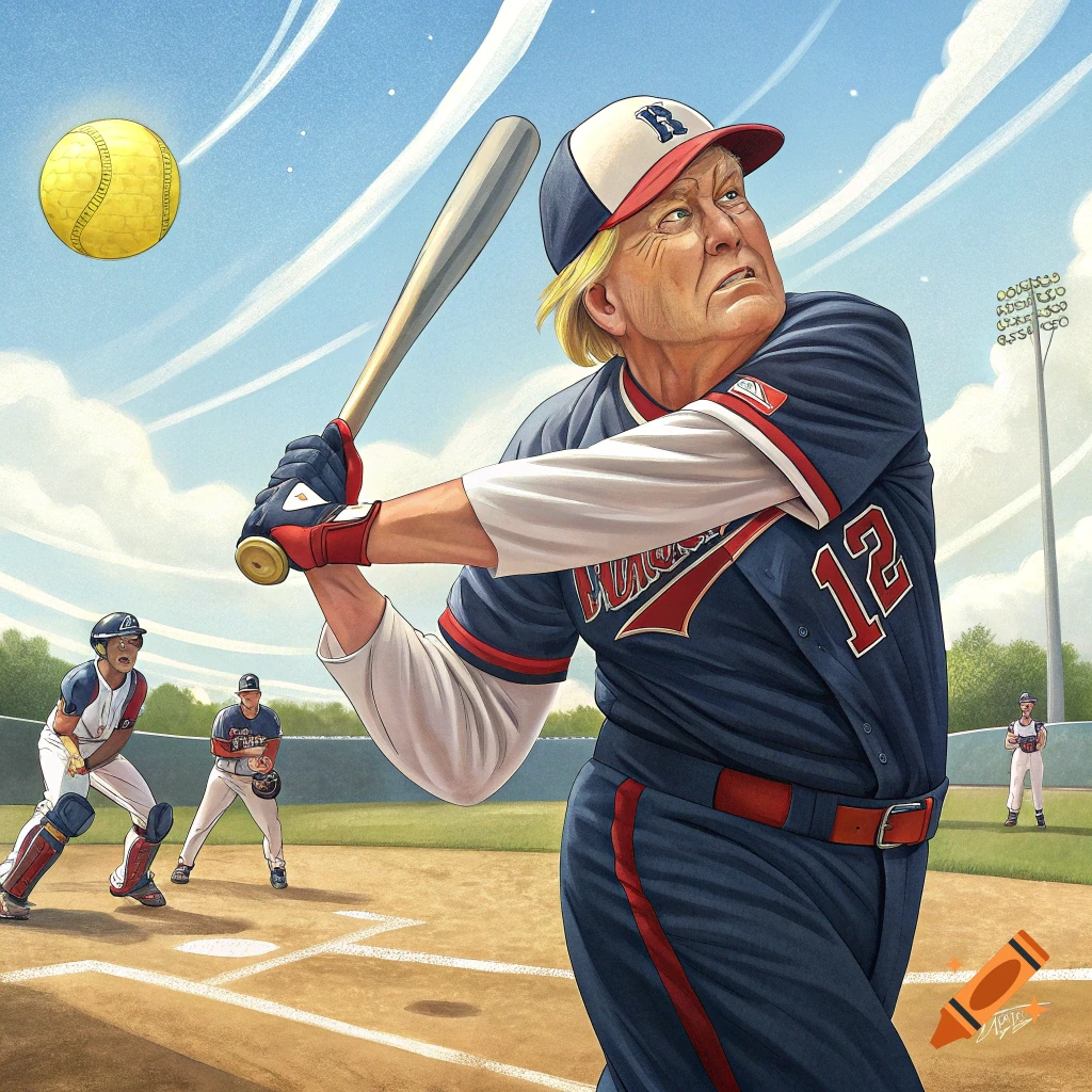 Donald Trump swinging a bat at a softball on a baseball field, stylized ...