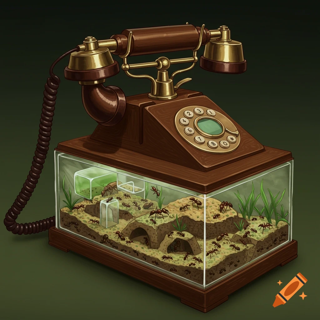 An antique telephone base housing a glass ant farm with ants and ...
