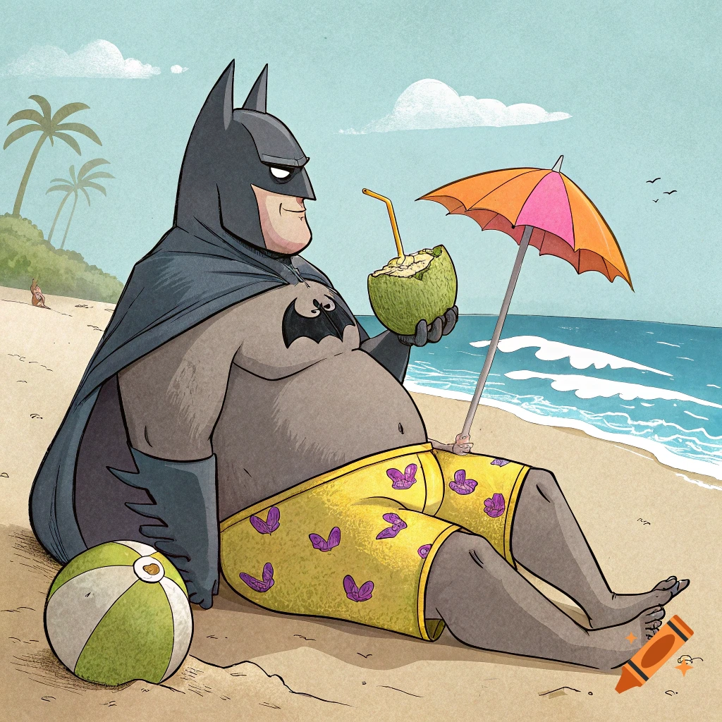 Cartoon Batman sits on a beach wearing swim trunks, holding a coconut ...