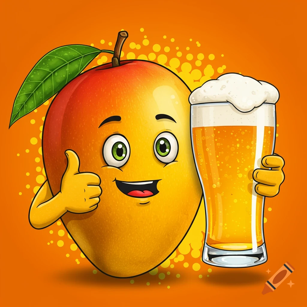 Cartoon mango character gives a thumbs up while holding a frothing ...