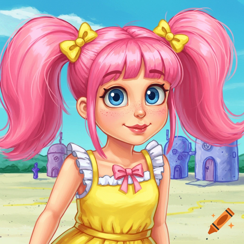 A Cartoon Girl With Pink Pigtails And A Yellow Dress Is On A Beach With