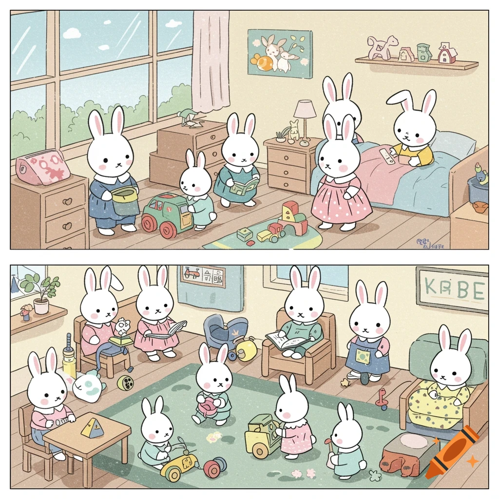 Two panels show cartoon bunnies playing and reading in a kids' room. on ...