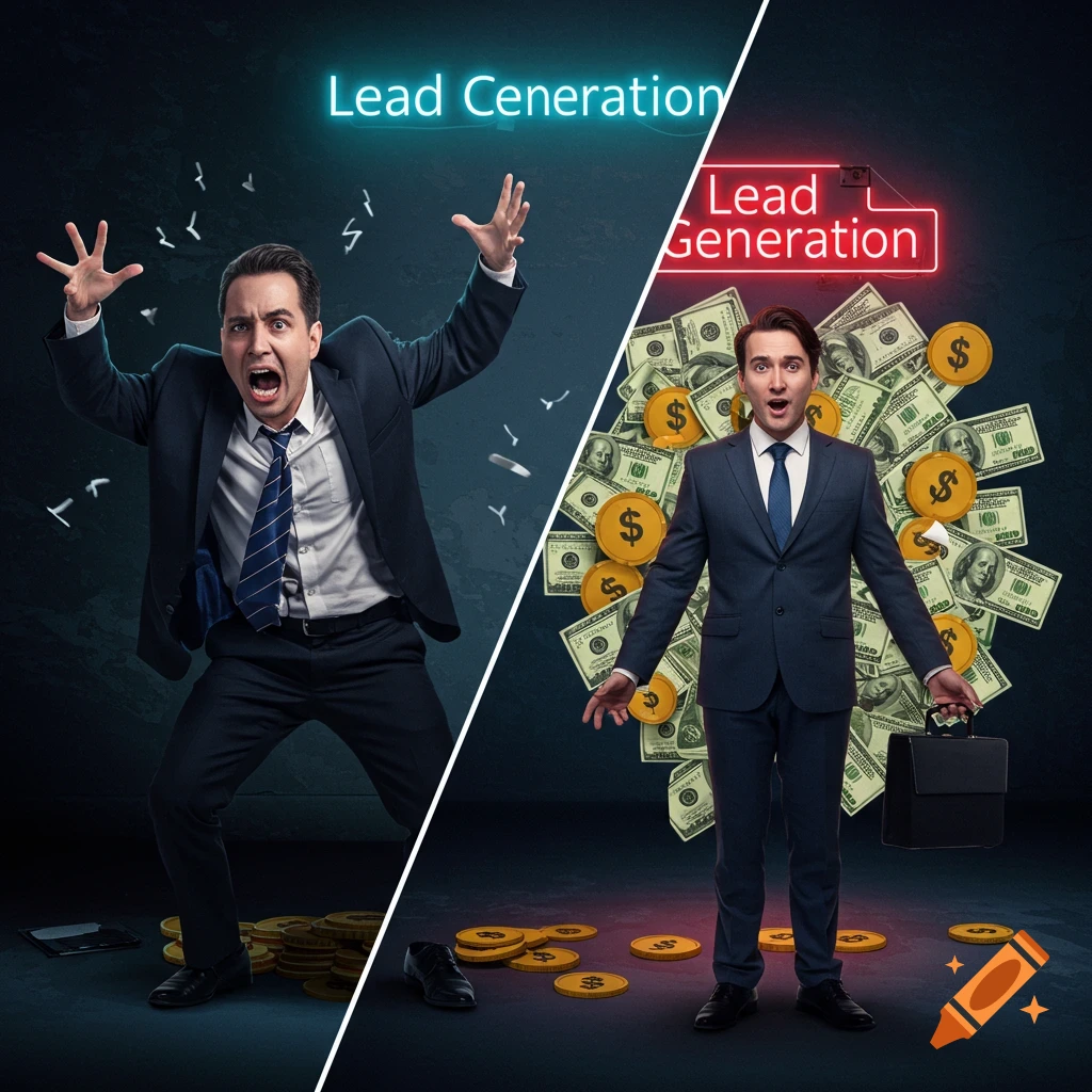 Business owners contrasting success with neon sign "Lead Generation" on ...