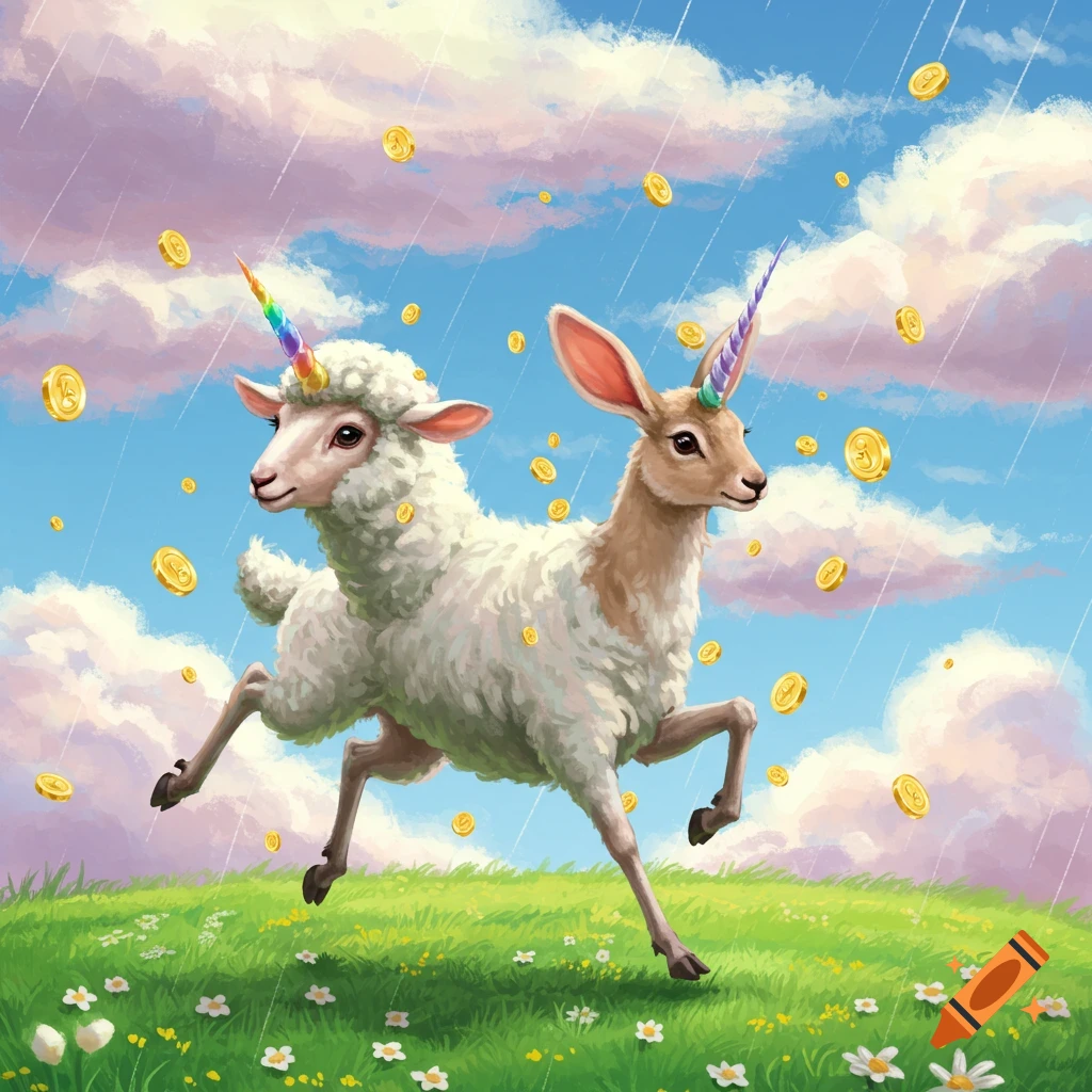 Unicorn rabbit sheep deer hybrid running through meadows with soda rain and infinity nikki coins ...