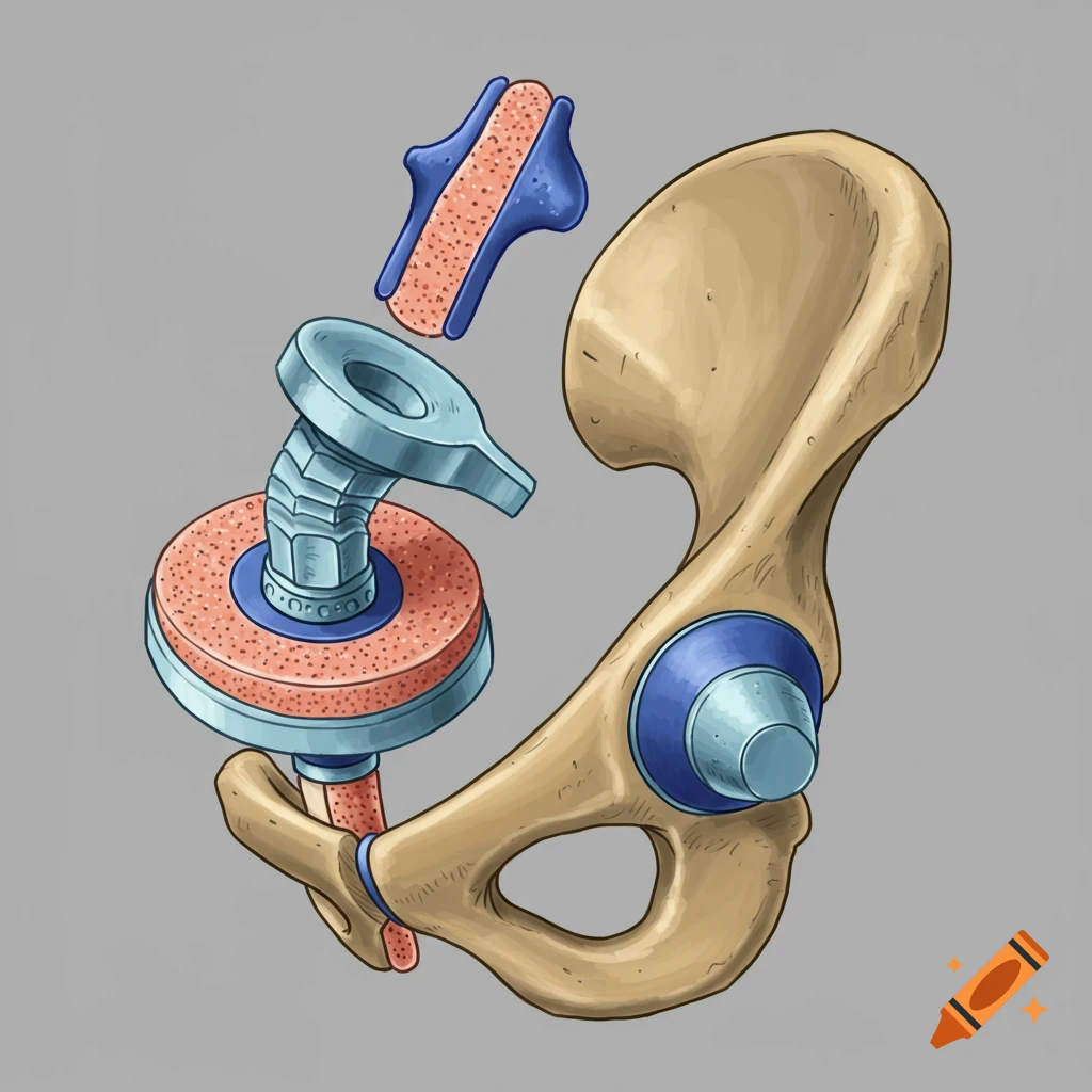Painting of a pelvis bone with a hip replacement prosthesis on Craiyon