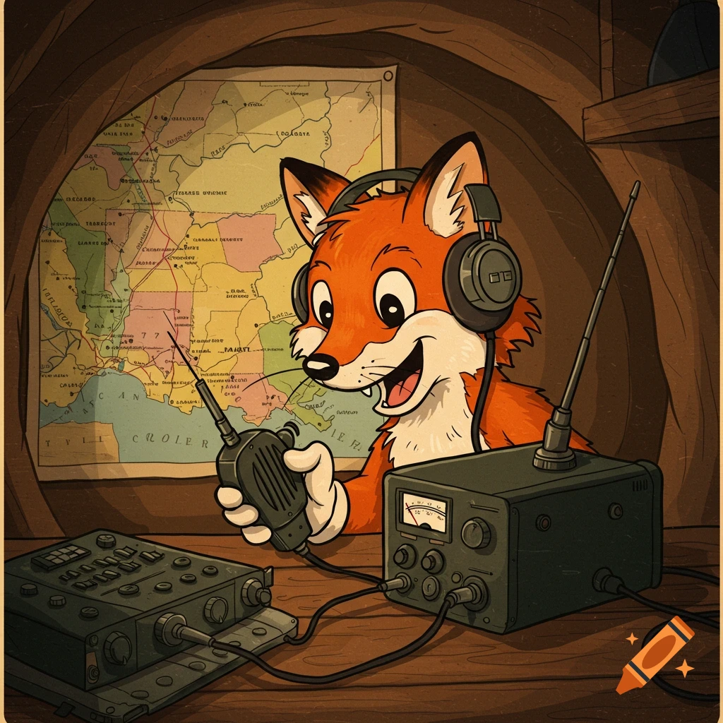Cartoon fox sits at a desk with a map and uses a vintage radio. on Craiyon