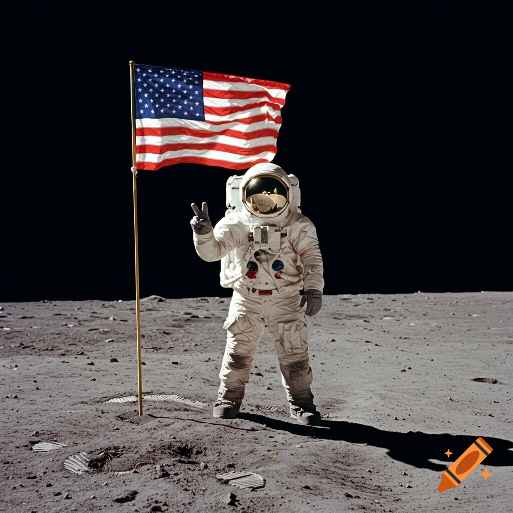 An astronaut on the moon makes a peace sign next to an American flag ...