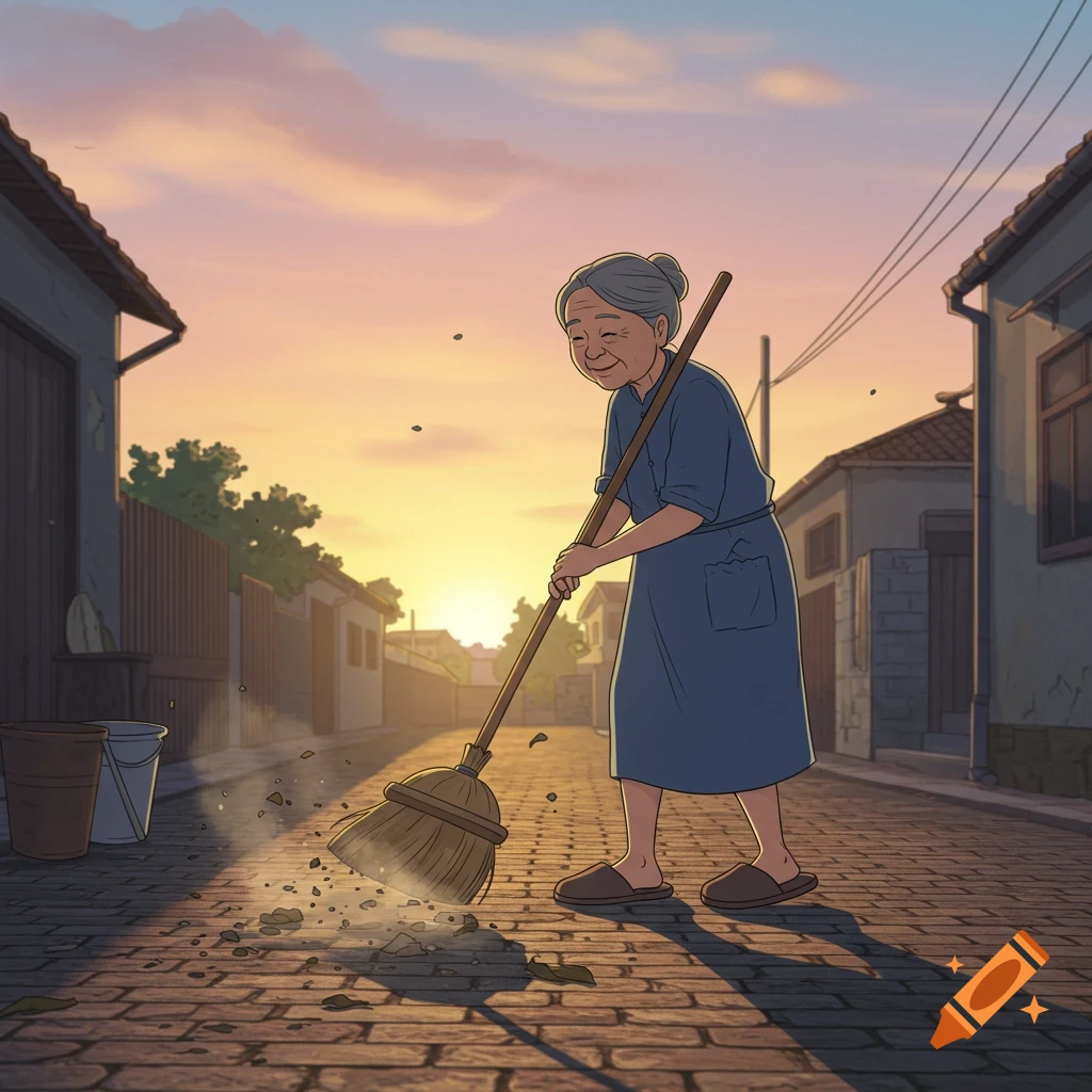 Animated illustration of an elderly woman sweeping a street at dawn in ...