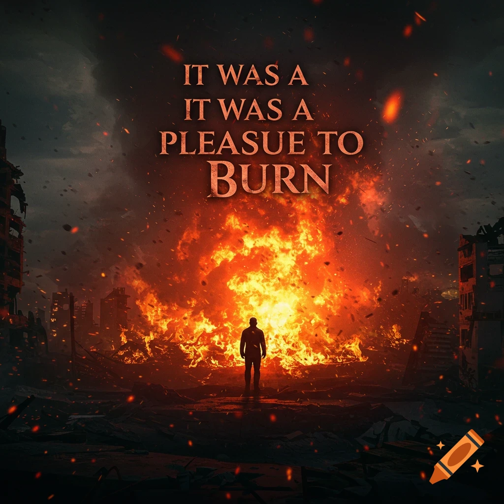 It Was a Pleasure to Burn poster with burning cityscape on Craiyon