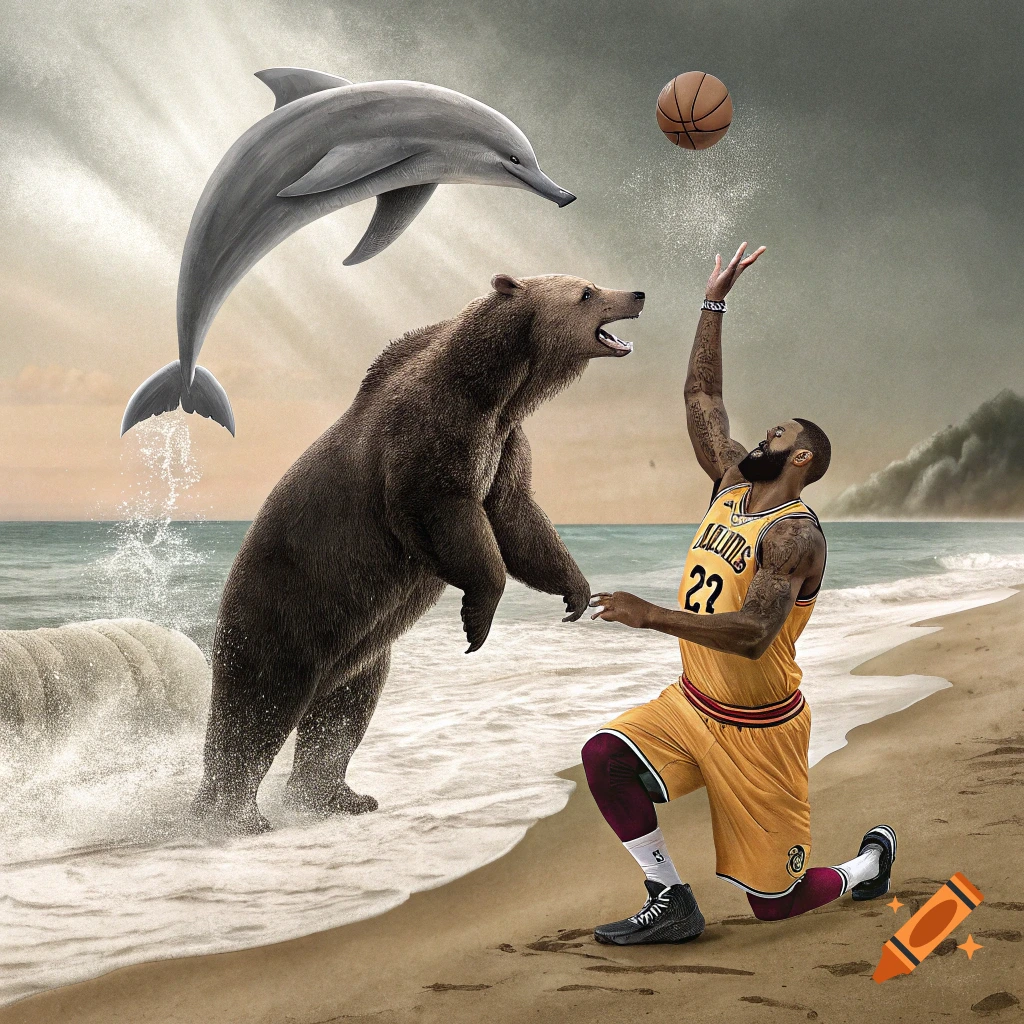 Illustrative image of LeBron James playing basketball on a beach with a ...