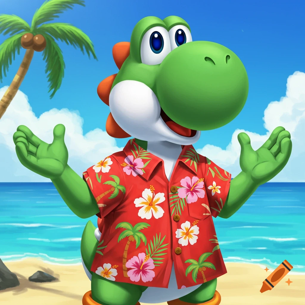 Yoshi wearing a red Hawaiian shirt stands on a beach with arms raised ...