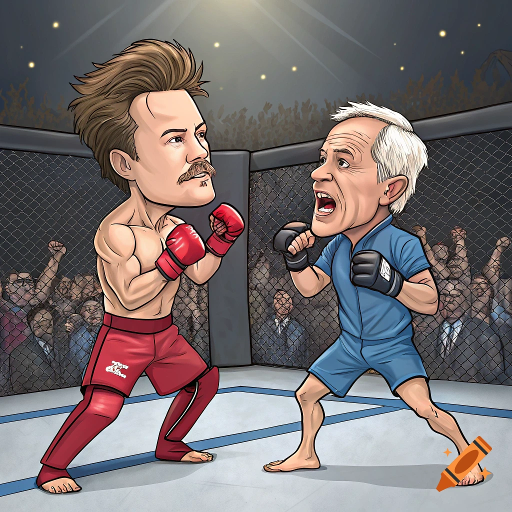 Cartoon of two men resembling Elon Musk and Peter Navarro in an MMA ...