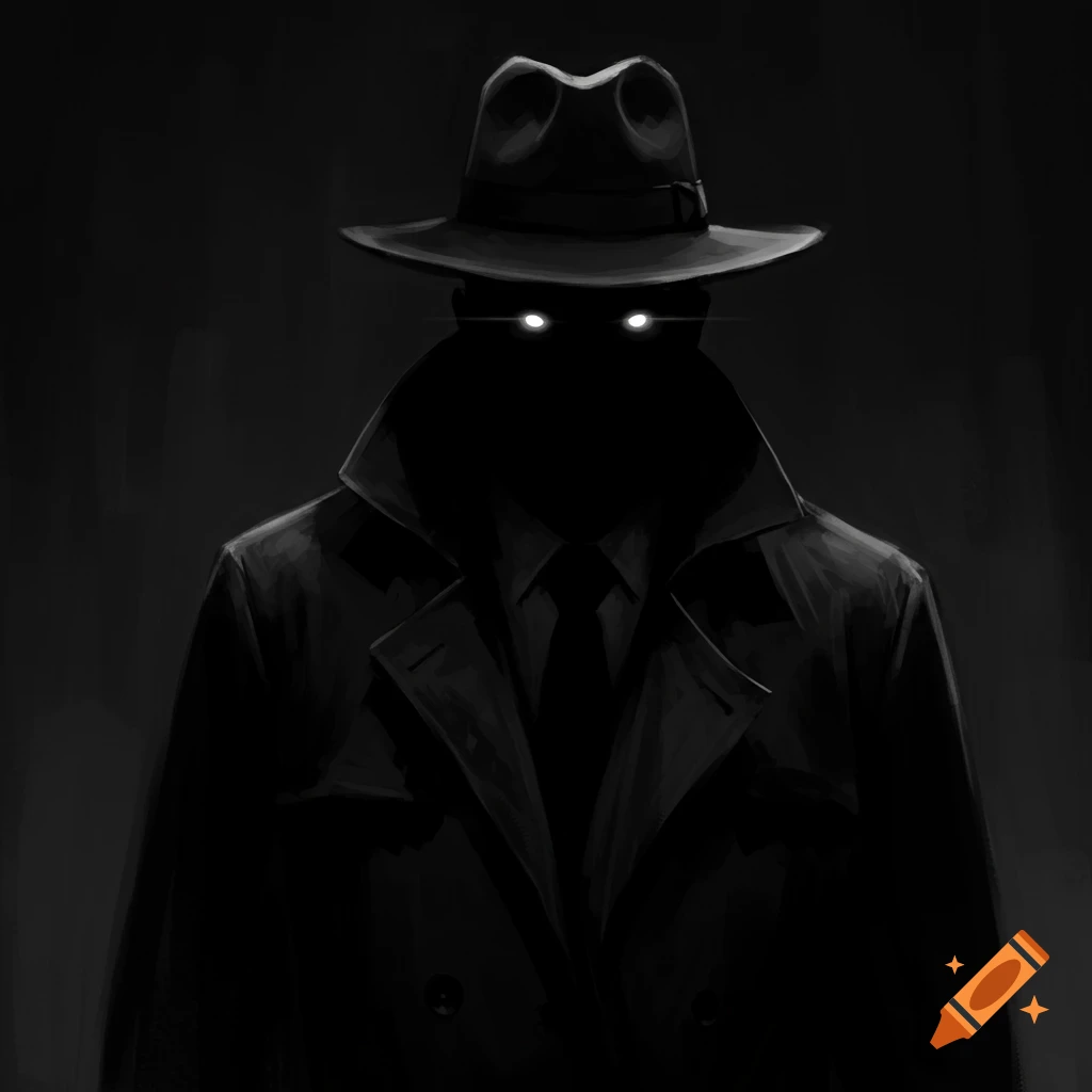 Dark figure in trenchcoat with glowing eyes on Craiyon