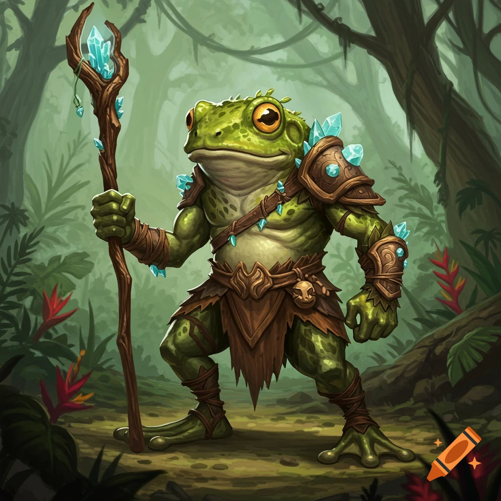 A frog warrior with a spear and shield in a dark swamp. on Craiyon