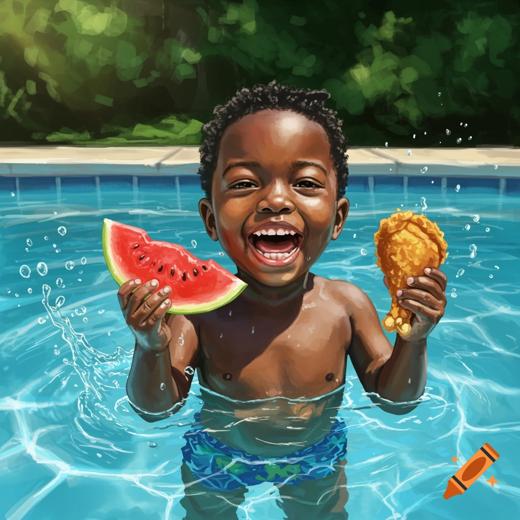 Black child eating watermelon and fried chicken while swimming on Craiyon