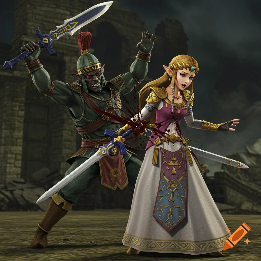 Princess Zelda's back being bent by a Yiga soldier in a fantasy battle scene on Craiyon