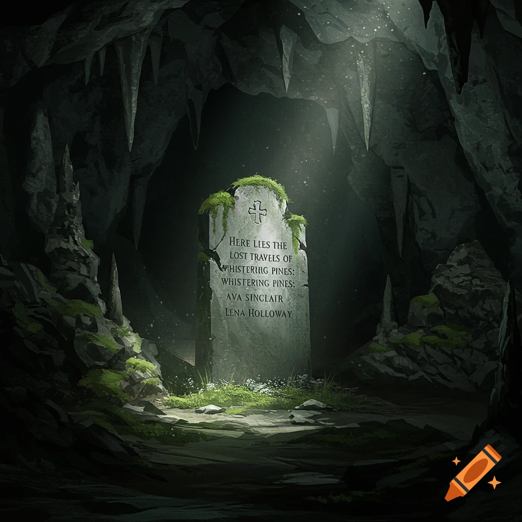Gravestone in a dark cave with names on Craiyon
