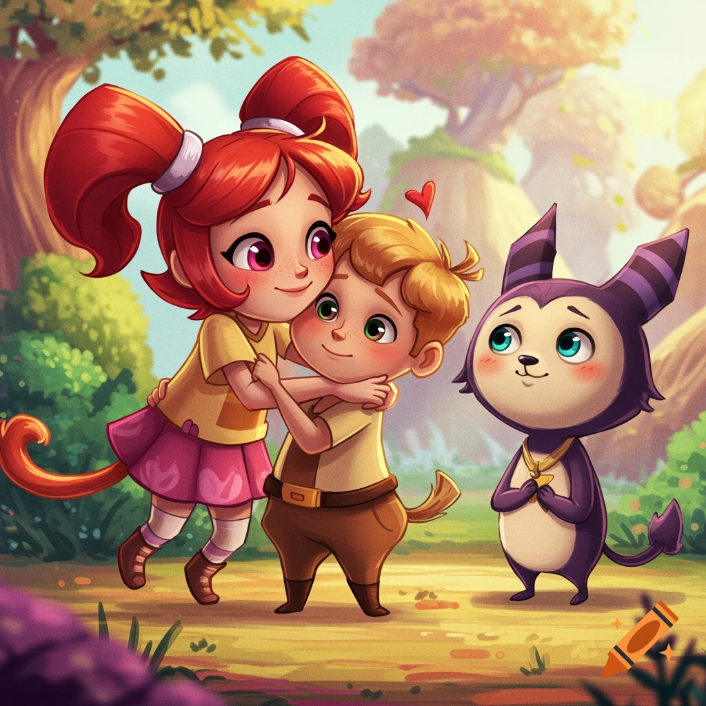 Two cartoon children hug in a forest while a purple creature looks on ...