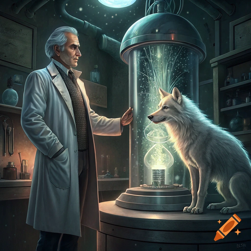 A scientist stands with a white wolf next to a glowing cylindrical ...