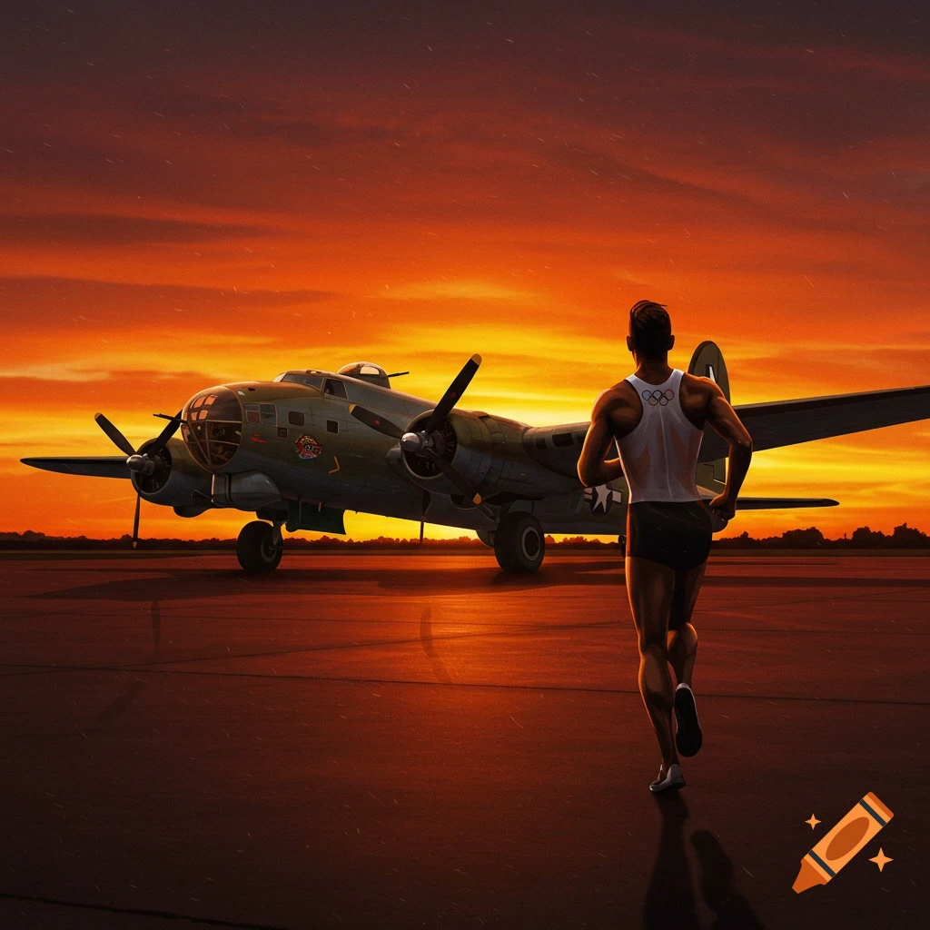 Olympic runner approaching a vintage bomber plane on Craiyon