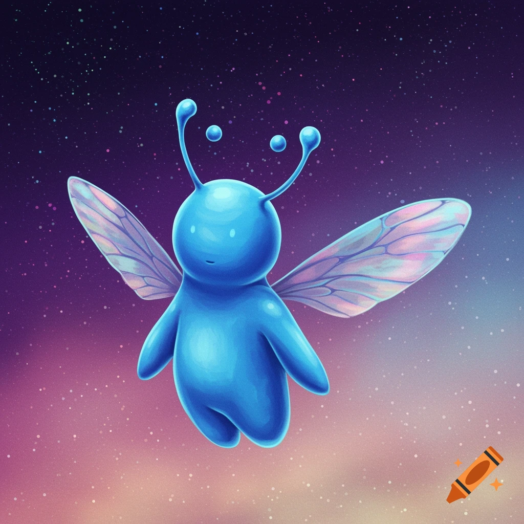 Blue alien with no arms or legs, round body, three antennas, and wings ...