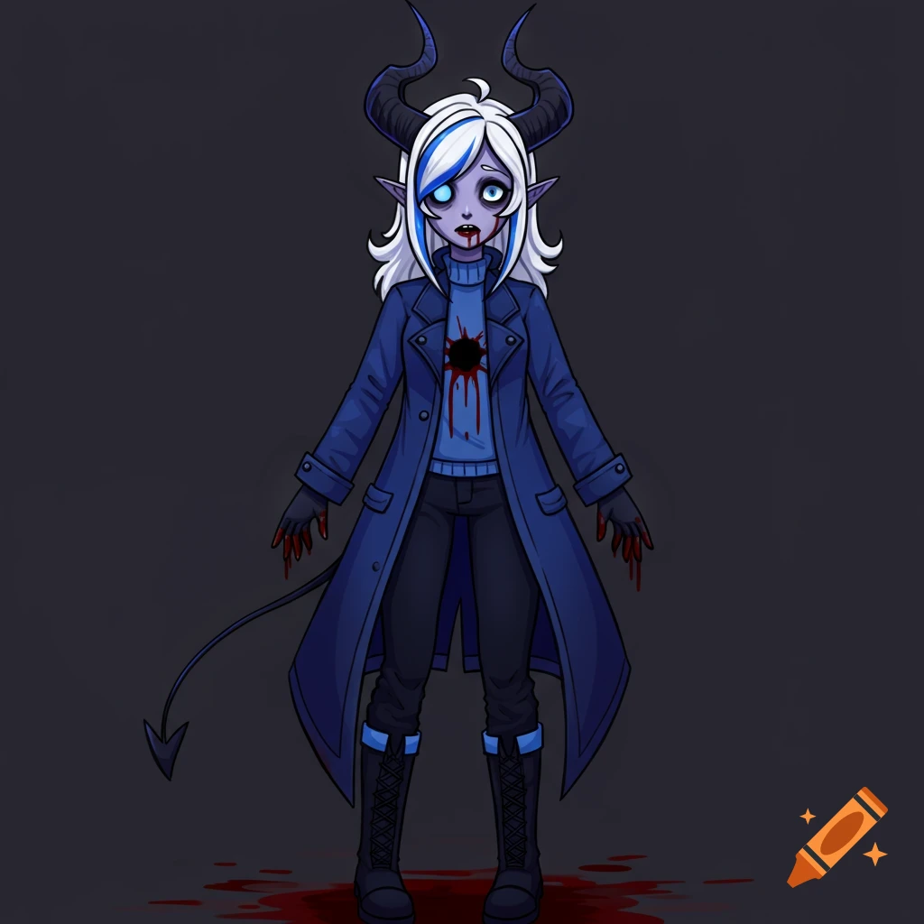 An illustration of a fantasy character with horns, a tail, blue coat, a ...