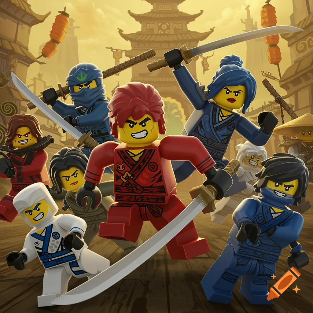 Illustration of Lego Ninjago characters with swords against a colorful ...