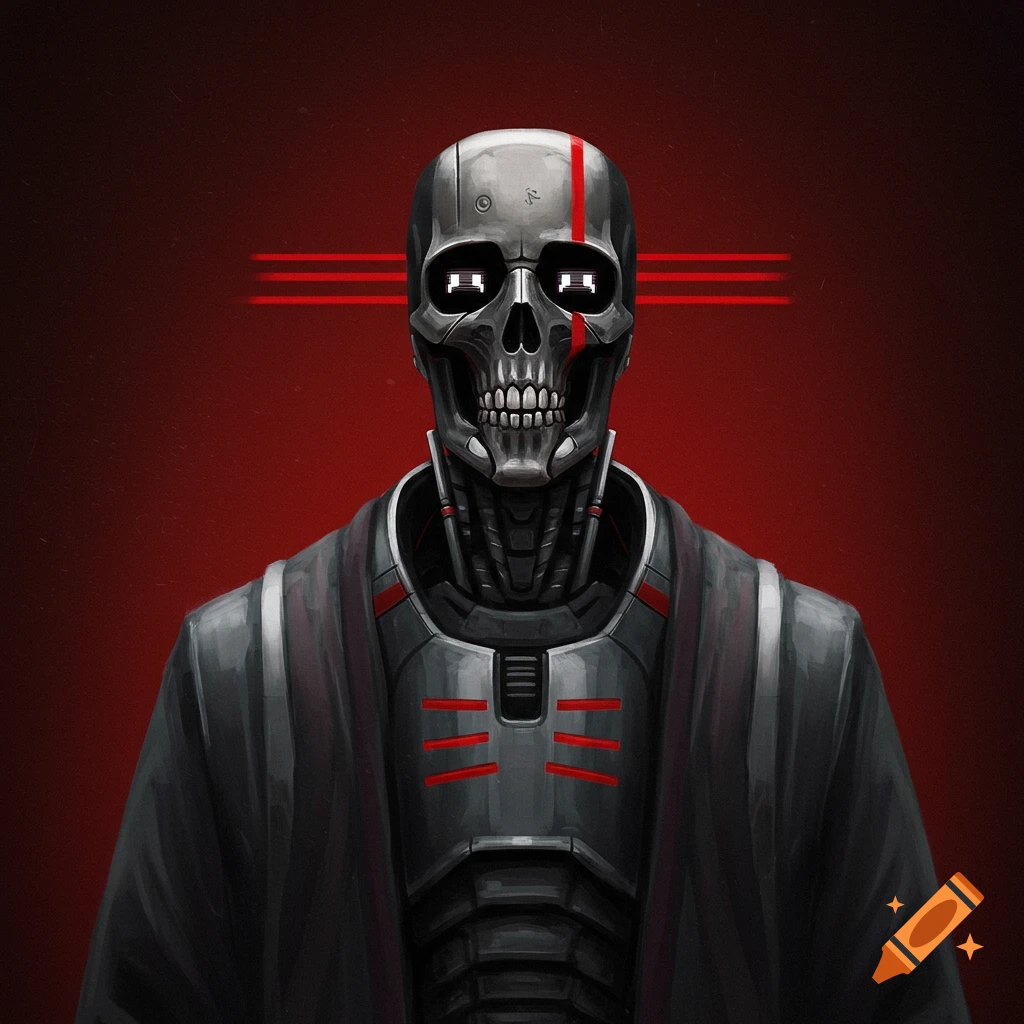 Skull-faced commando droid with emoji eyes in baggy robes on Craiyon