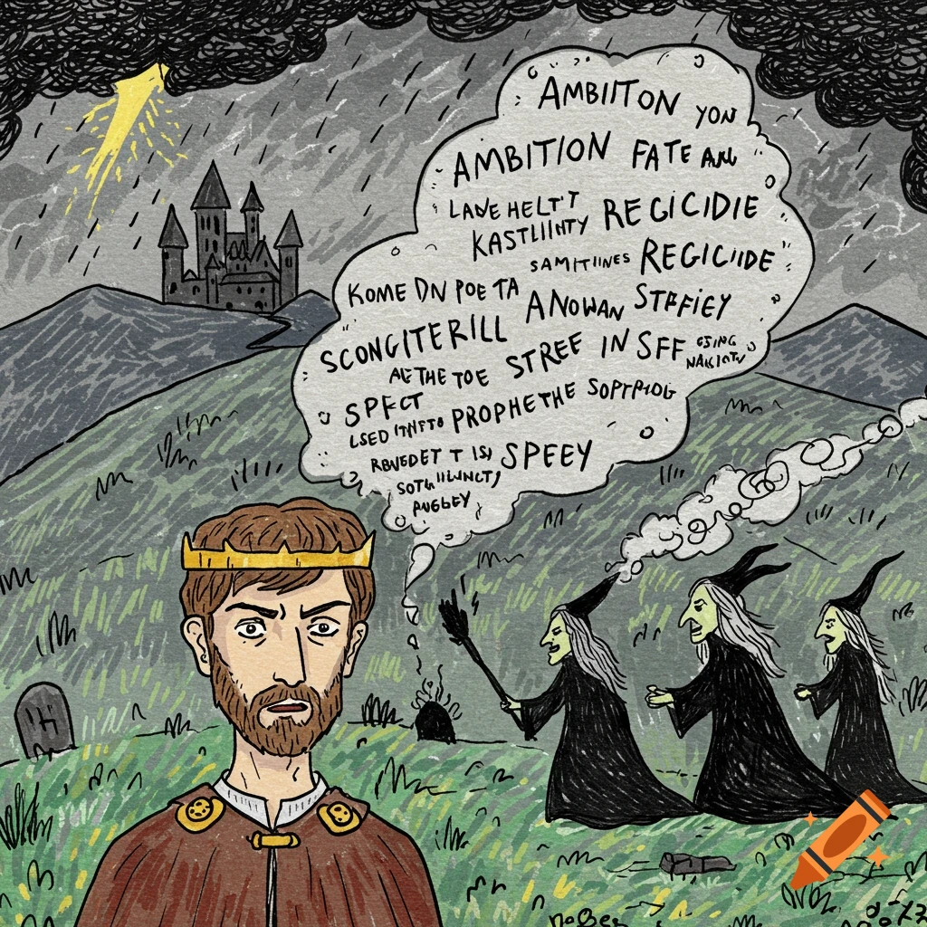 Easy drawing of Macbeth with setting, problem, and witches text on Craiyon