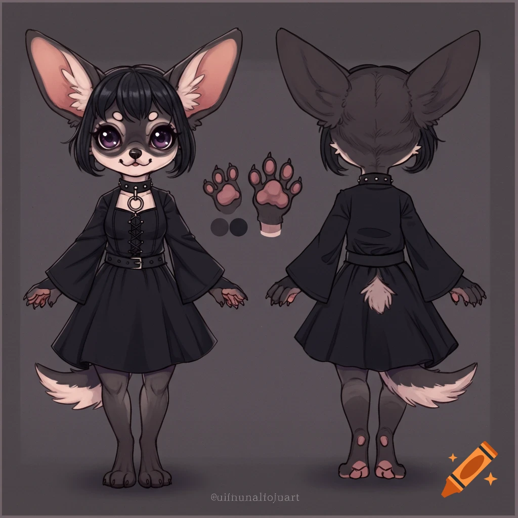 Reference sheet of a female chihuahua fursona in a black dress, front ...