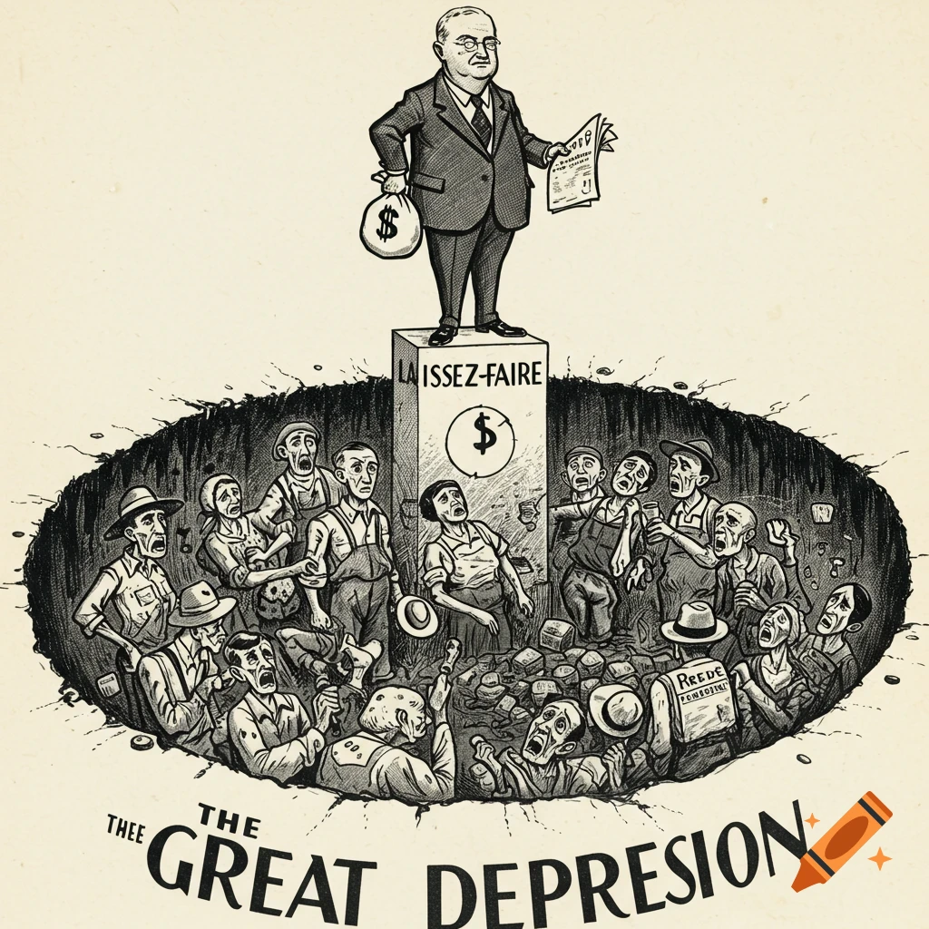 Political cartoon criticizing Hoover's Great Depression response on Craiyon
