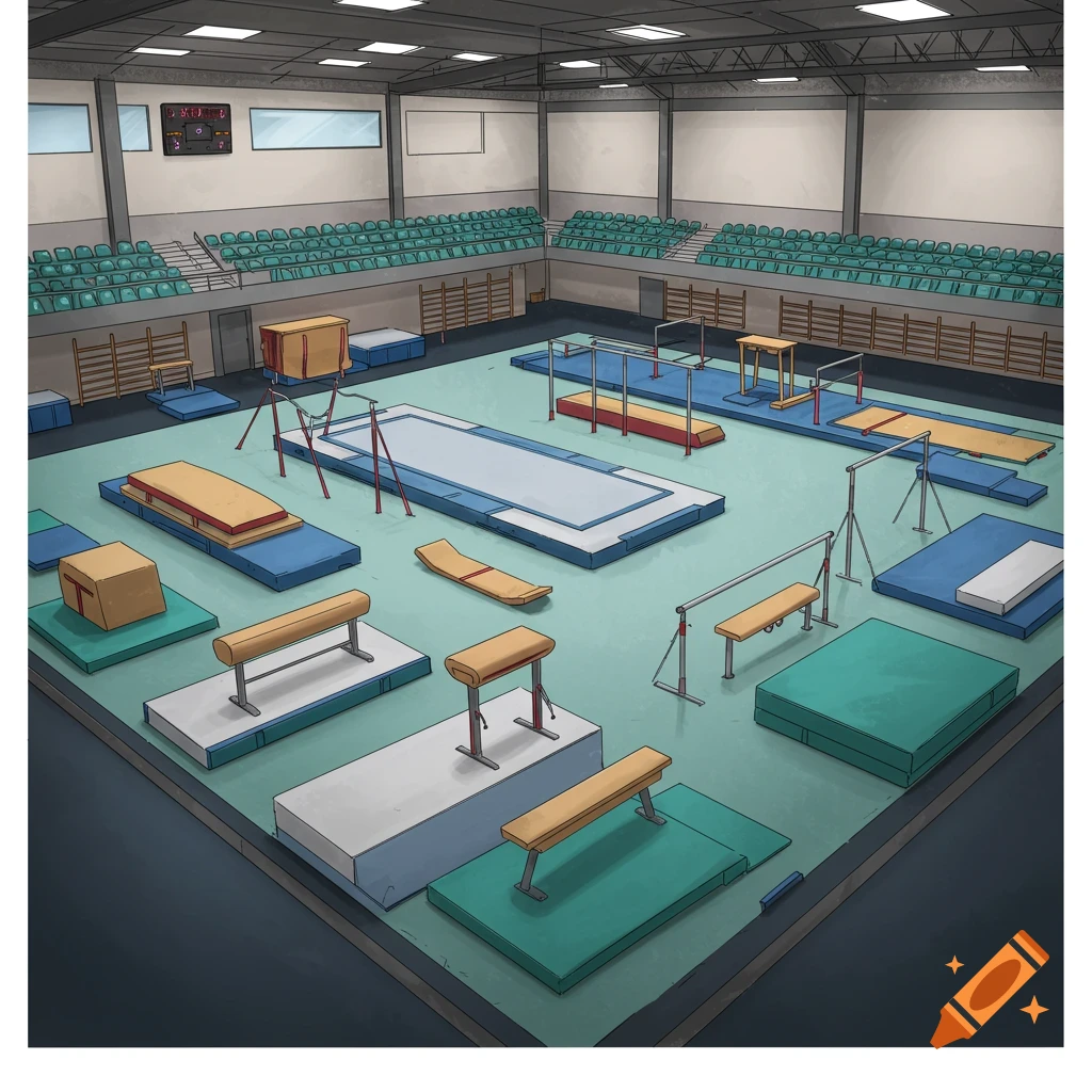 Gymnastics facility layout with floor, mats, balance beams, vault ...