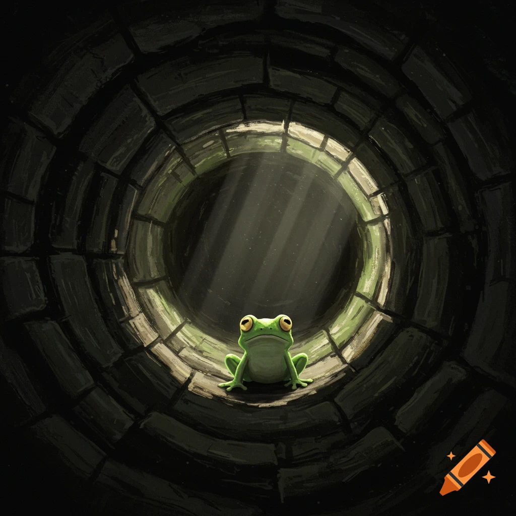 A scared green frog at the bottom of a dark stone well, looking up at ...
