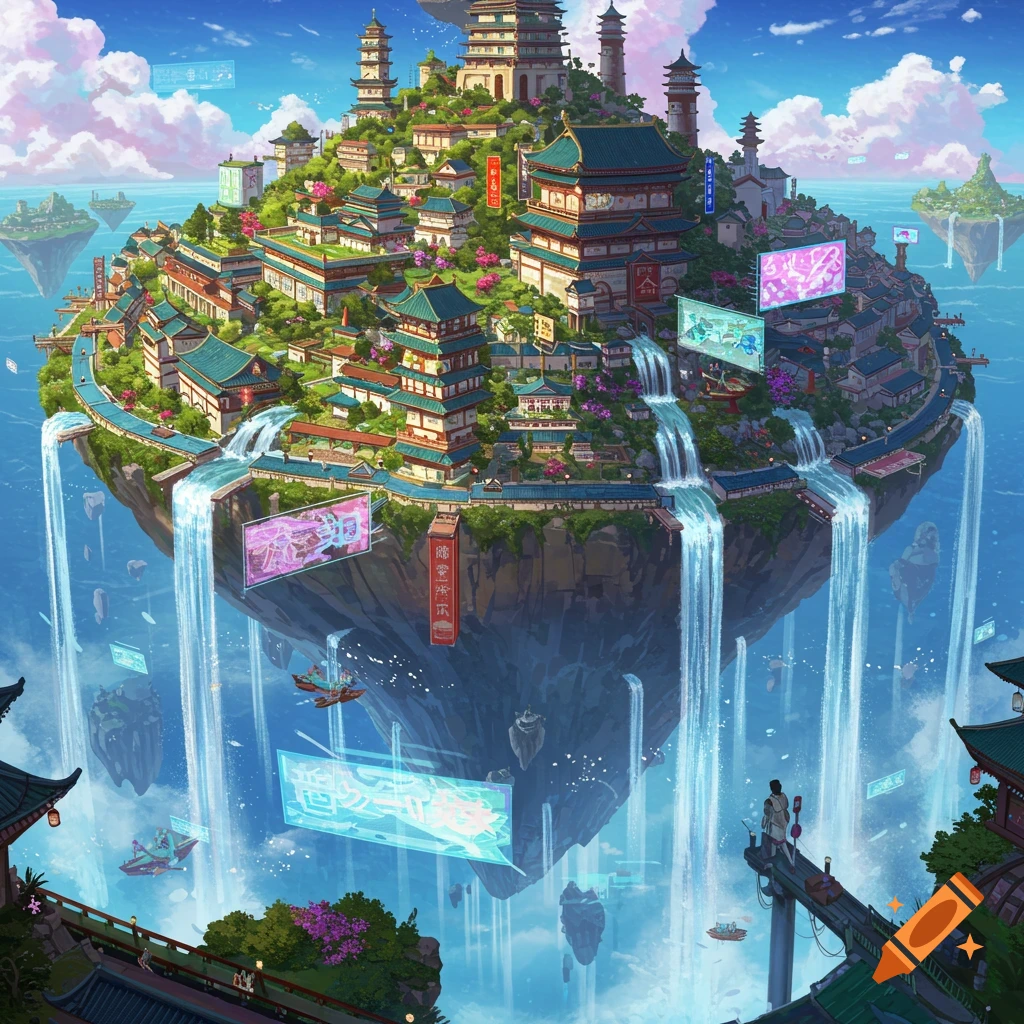 Floating island of Luminaria with waterfalls and futuristic Japanese ...