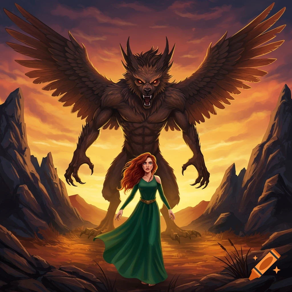 A woman stands before a large winged monster in a rocky landscape at ...