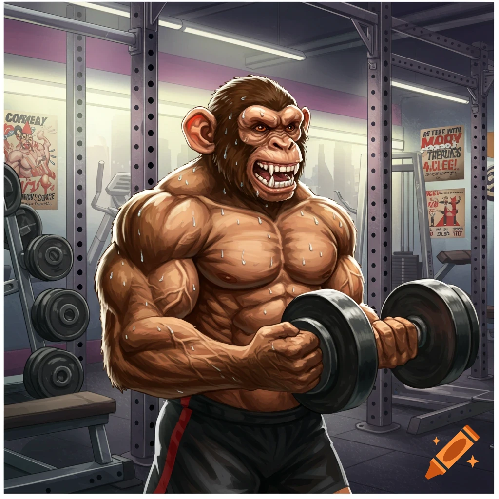 A muscular cartoon gorilla lifts dumbbells in a gym. on Craiyon