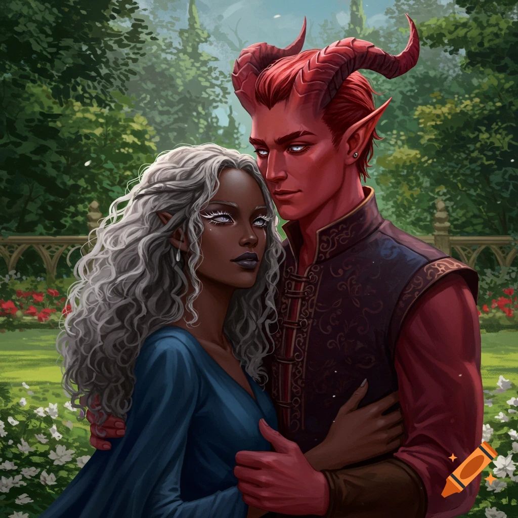 Couple in love: dark-skinned woman with silver curly hair and red-skinned tiefling man with ...