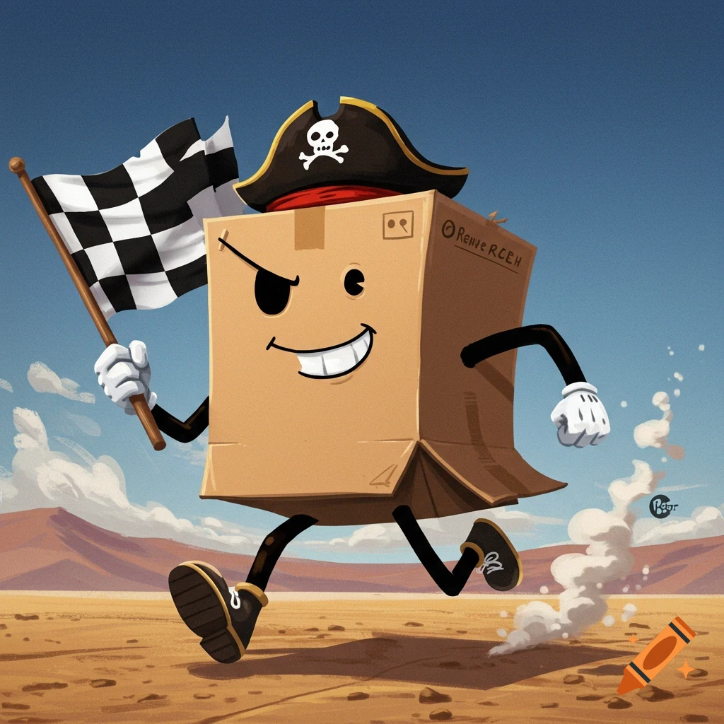 Box character running with checkered flag and pirate hat on Craiyon