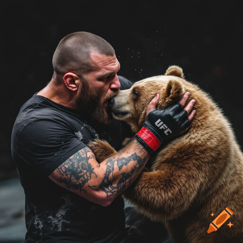 A man with a beard and tattoos wearing a UFC glove interacts closely ...
