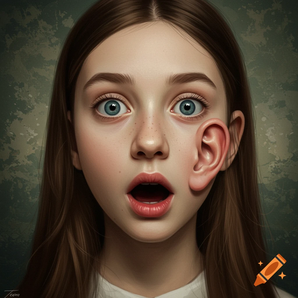 Surreal digital painting of a surprised girl with an ear for a mouth ...